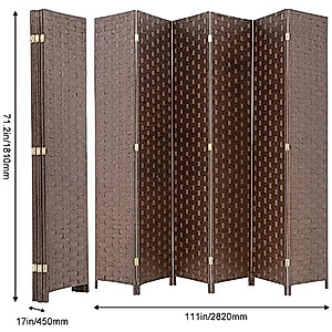 6-Panel Room Divider Folding Screen Wooden Partition, 6 ft. Tall Weave Fiber Extra Wide Foldable Panels Wall Divider Double Hinged Privacy Outdoor/indoor Divider for Home Office Dorm Decor - Brown