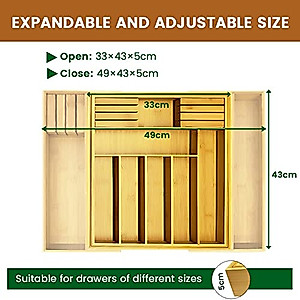 OKOMARSS Bamboo Expandable Drawer Organizer-Silverware Organizer & Kitchen Drawer Organizer and Utensil Organizer with Adjustable Cutlery Tray, Drawer Dividers for Kitchen Utensils (9 Slots) (Natural)