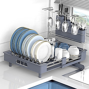 ROTTOGOON Dish Drying Rack, Stainless Steel Large Dish Rack, Expandable (12.8"-19.1") Dish Drainer with Swivel Spout, Utensil Holder, Cup Holder and Wine Glass Holder for Kitchen Counter Cabinet, Gray