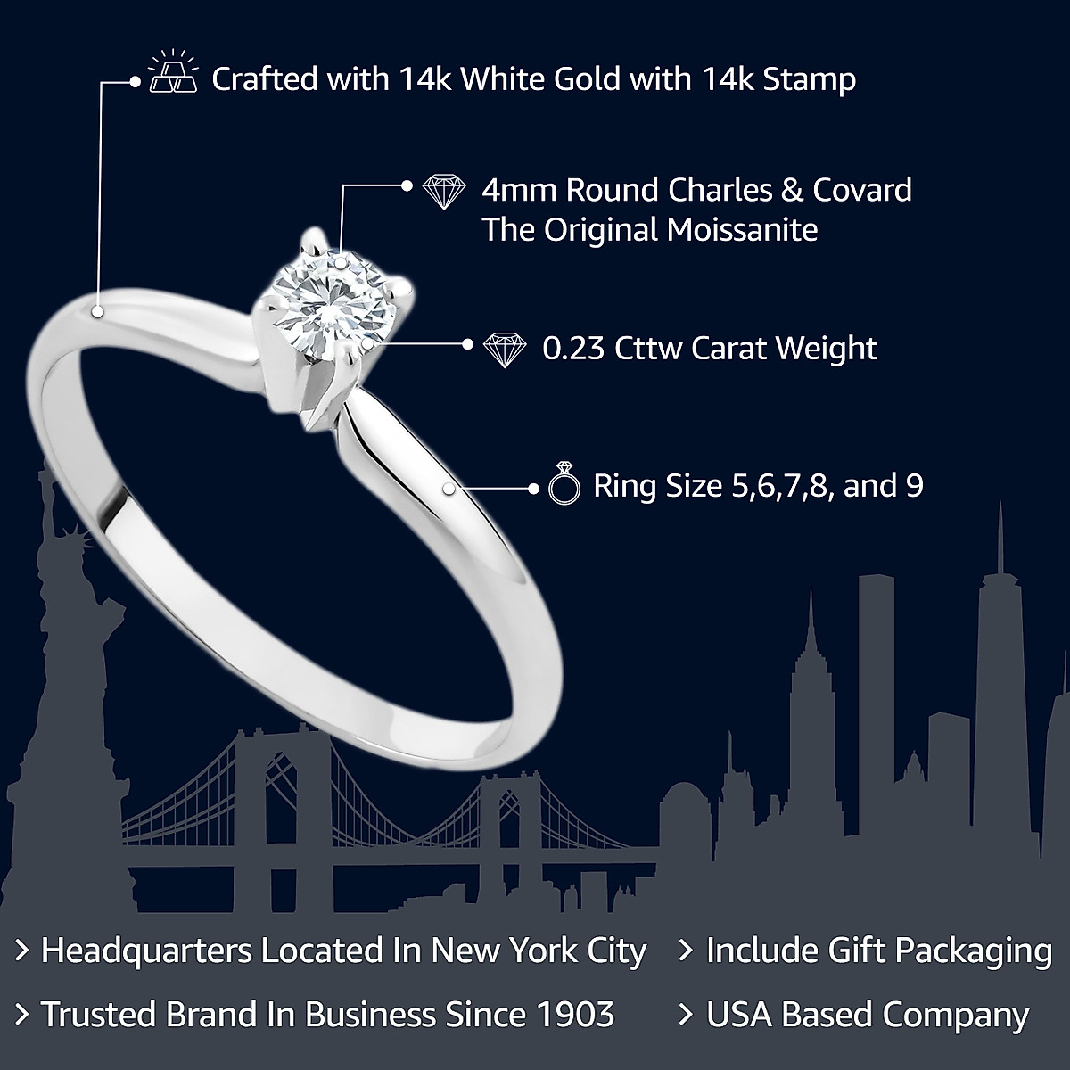 14K White Gold Moissanite Ring | Round 4MM Forever Classic from Charles & Colvard Solitaire Engagement Ring For Women | 0.23 Cttw | Available in size 5, 6, 7, 8, 9