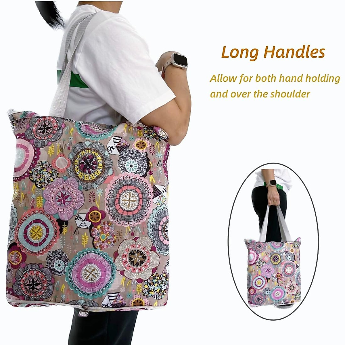 Konish Reusable Foldable Grocery Bags Folding Shopping Tote with Zipper(Grey Floral)