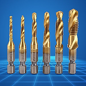 6 Piece Metric Thread Drill Tap Bits Set, Drill Bit Sharpeners, M3 to M10 Coated Hss Drill and Tap for Drilling Tapping Countersinking