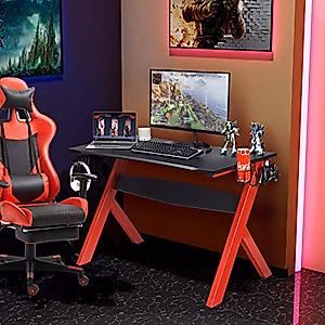 Tangkula Computer Desk Gaming Desk, Ergonomic Gamer Workstation with Cup & Headphone Holder and Mouse Pad, Gamer Desk with Carbon Fiber Surface and R-Shape Steel Frame (Black & Red)