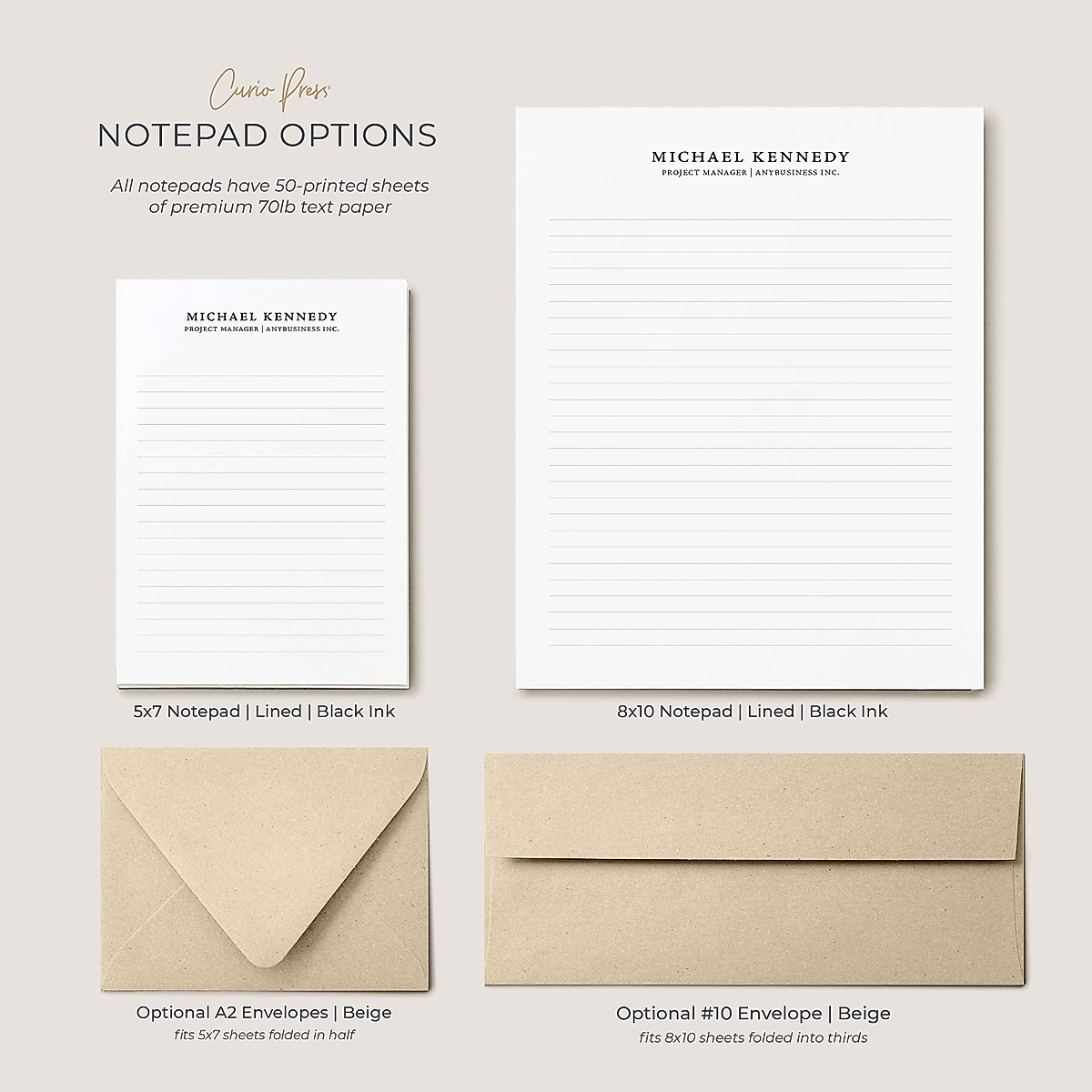 Traditional Personalized Notepads - Small Notepad 5x7 w/ 50 Printed Sheets – Professional Personalized Stationery – Simple & Classy Desk Supplies – Customizable up to 8x10”- Simplicity Notepad