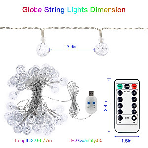 esLife RGB Globe String Lights USB Charger Fairy Lights , 50 LED Lights with Remote Control, 8 Modes Garden Lights Waterproof Indoor Outdoor Lights for Holiday, Party, Home Decoration