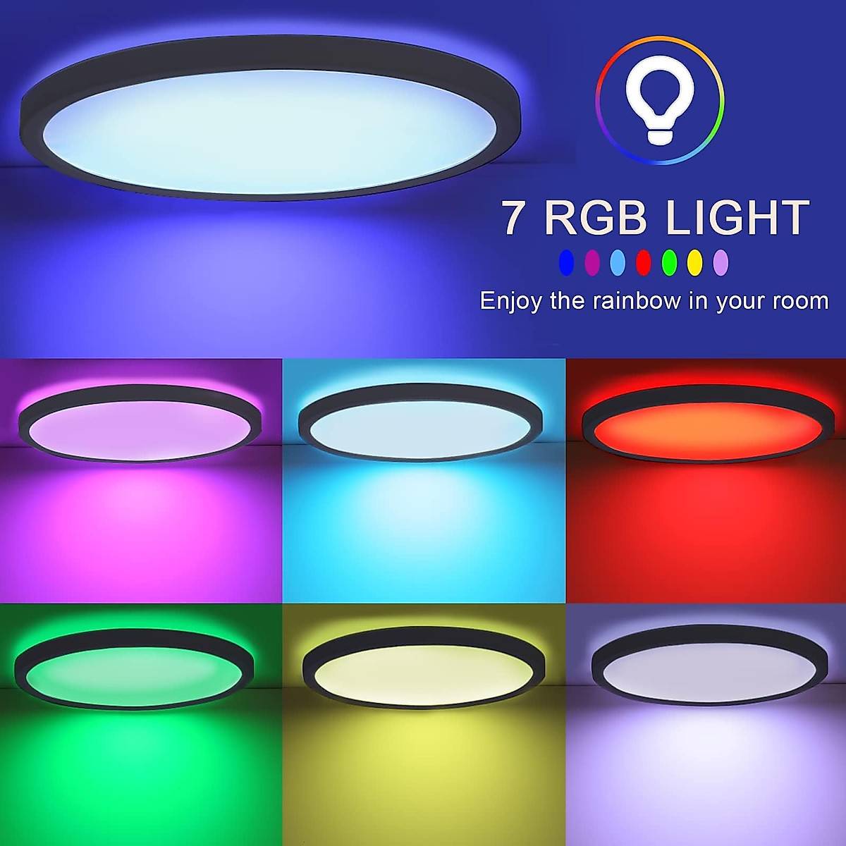 Marfete Flush Mount LED Ceiling Light Dimmable with Remote Control, 15.3 Inch 35W RGB Frontlight Close to Ceiling Light Fixture 3000-6500K, Modern Ultra-Thin Round Ceiling Lamp, for Bedroom