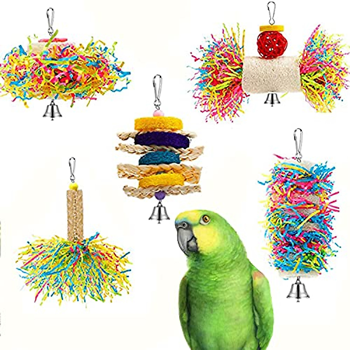 Keersi 5pcs Bird Shredding Toys Bird Loofah Toys Parakeet Chewing Toy Foraging Toy for Small Medium Parrot Cockatiel Conure African Grey Amazon Budgie Lovebird Finch