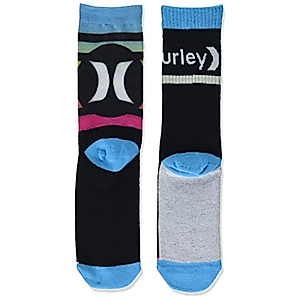 Hurley Boys' 2-Pack Everyday Knit Crew Socks, Black/Multi Stripe, 7-9