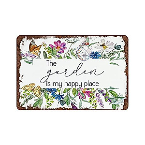 The Garden is My Happy Place Vintage Art Sign Home Gardening Sign Watercolor Flowers She Shed Sign Greenhouse Art DIY Decor Plaque Poster Home Garage Wall Decor 5.5x8 in
