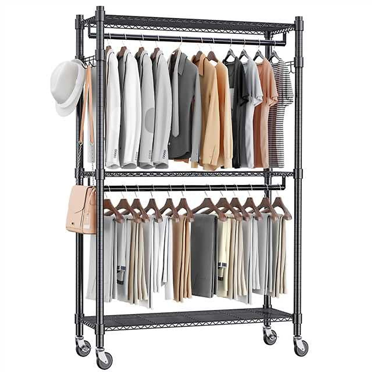 Homdox Rolling Garment Rack with Double Rod, Heavy Duty Clothing Rack with Shelves, Portable Clothes Rack, Free Standing Wardrobe Rack, with Lockable Wheels & Hanging Hooks, Max Load 450 LBS, Black