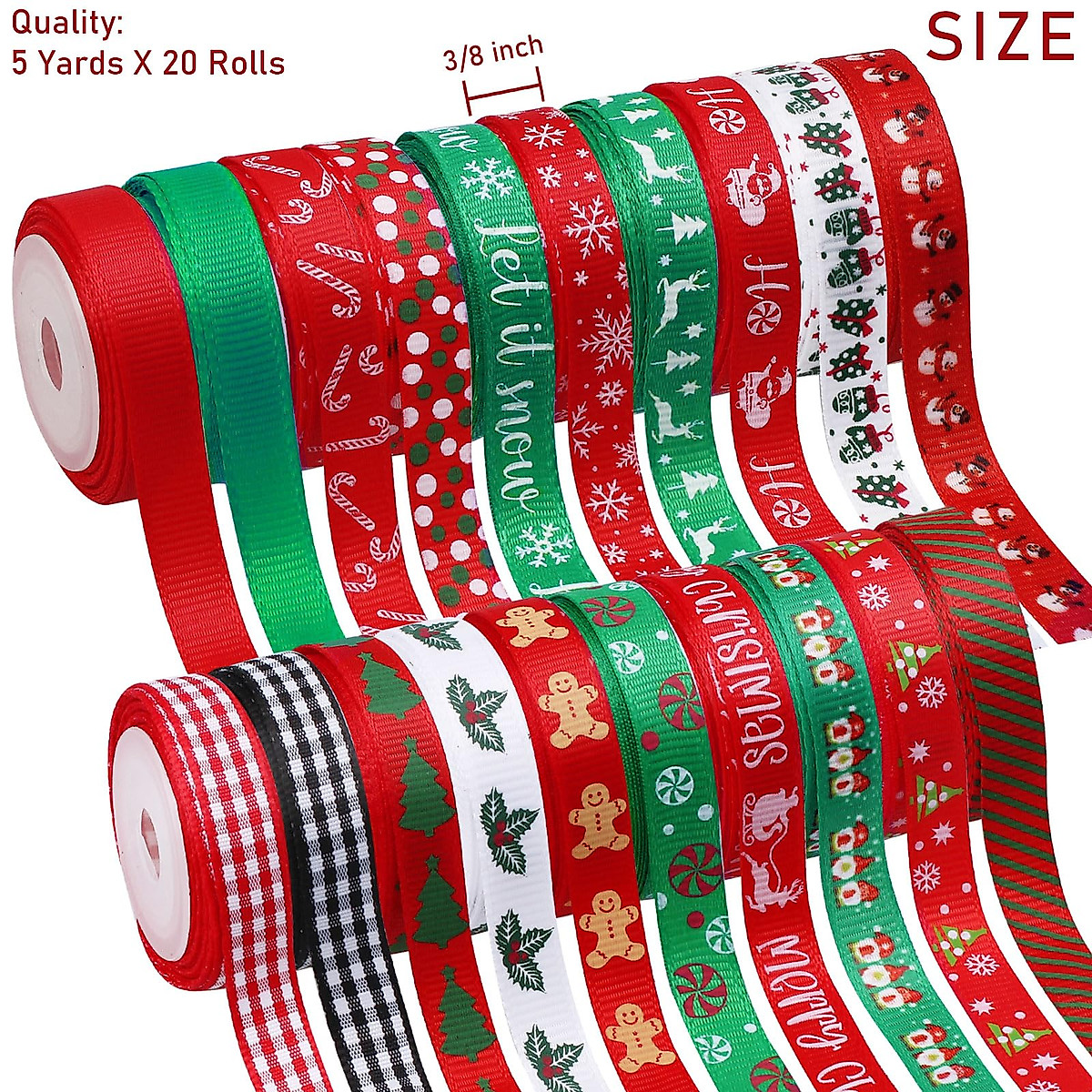 Vloso 20 Rolls 100 Yards Christmas Ribbon for Gift Wrapping,3/8 Inch Christmas Grosgrain Ribbon,Christmas Ribbon for Crafts DIY Holiday Christmas Decorations