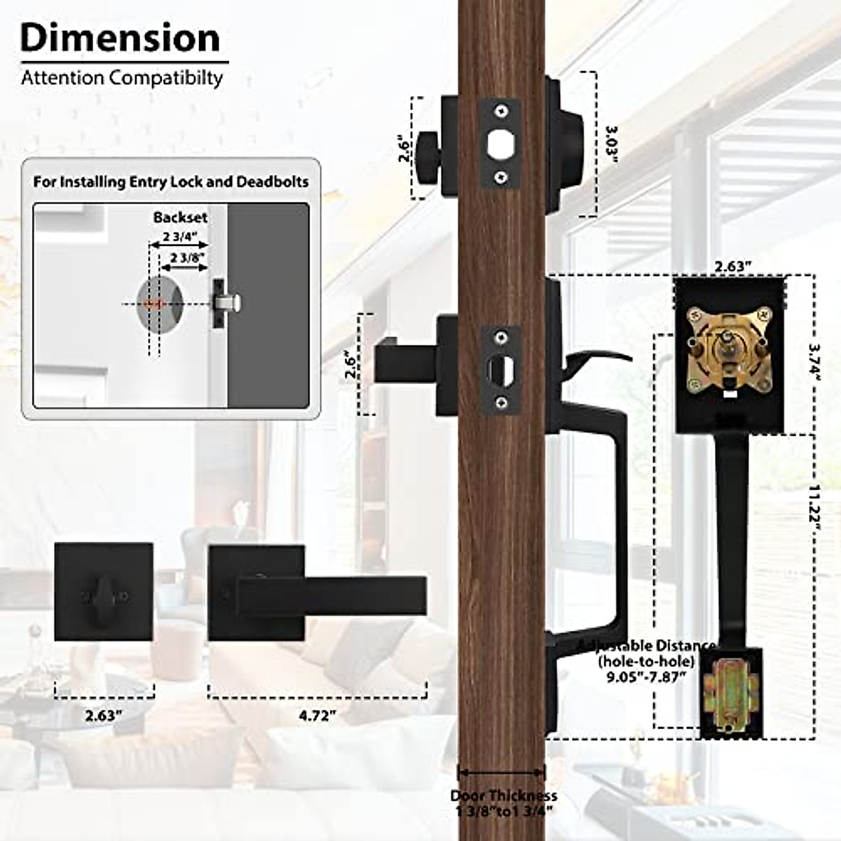 Haidms Black Front Door Handle and Deadbolt Set, Entry Door Handle and Deadbolt Set with Reversible Handle Lever,Front Door Lock Set, Front Door Handles and Locks