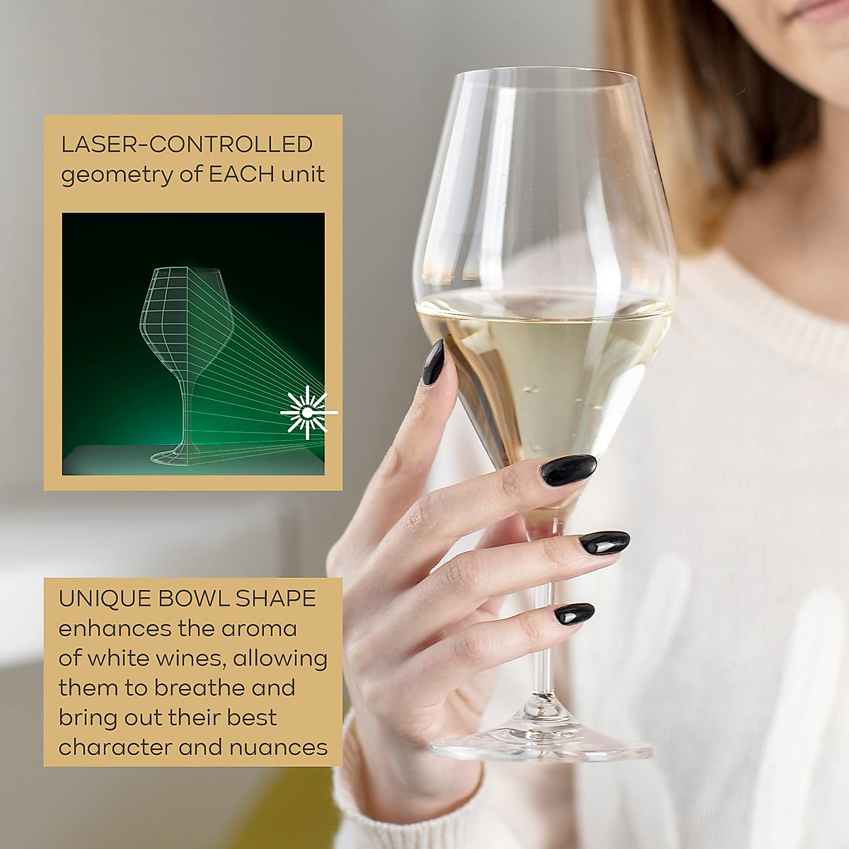 White Wine Glasses Set of 6, 16 oz, Modern Elegant, True Czech Lead-free Durable Crystal Wine Glass