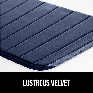 Gorilla Grip Striped Memory Foam Bathroom Rug, Soft Absorbent Velvet Bath Mat, Dots on Underside, Machine Washable Bathmat, Thick Shower Floor Carpet Rugs Room Décor Accessories, 24x17 Mat, Navy Blue