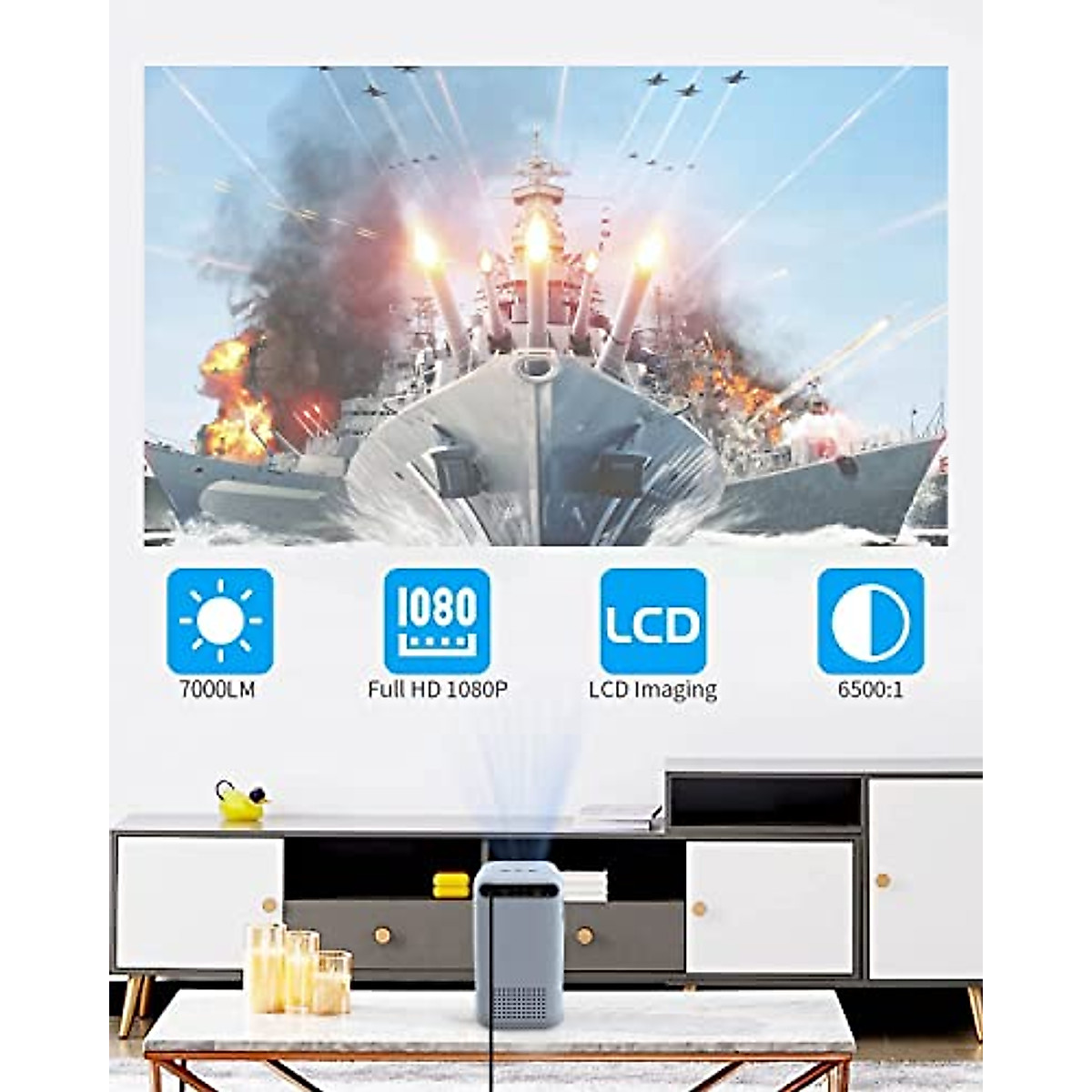WiFi Projector Home Cinema Wireless 1080P Movie Projectors for iOS & Android, 7000 Lumens Full HD Indoor Outdoor Gaming Projector, Compatible with Airplay, Smartphone, TV Stick, HDMI, USB, PS5