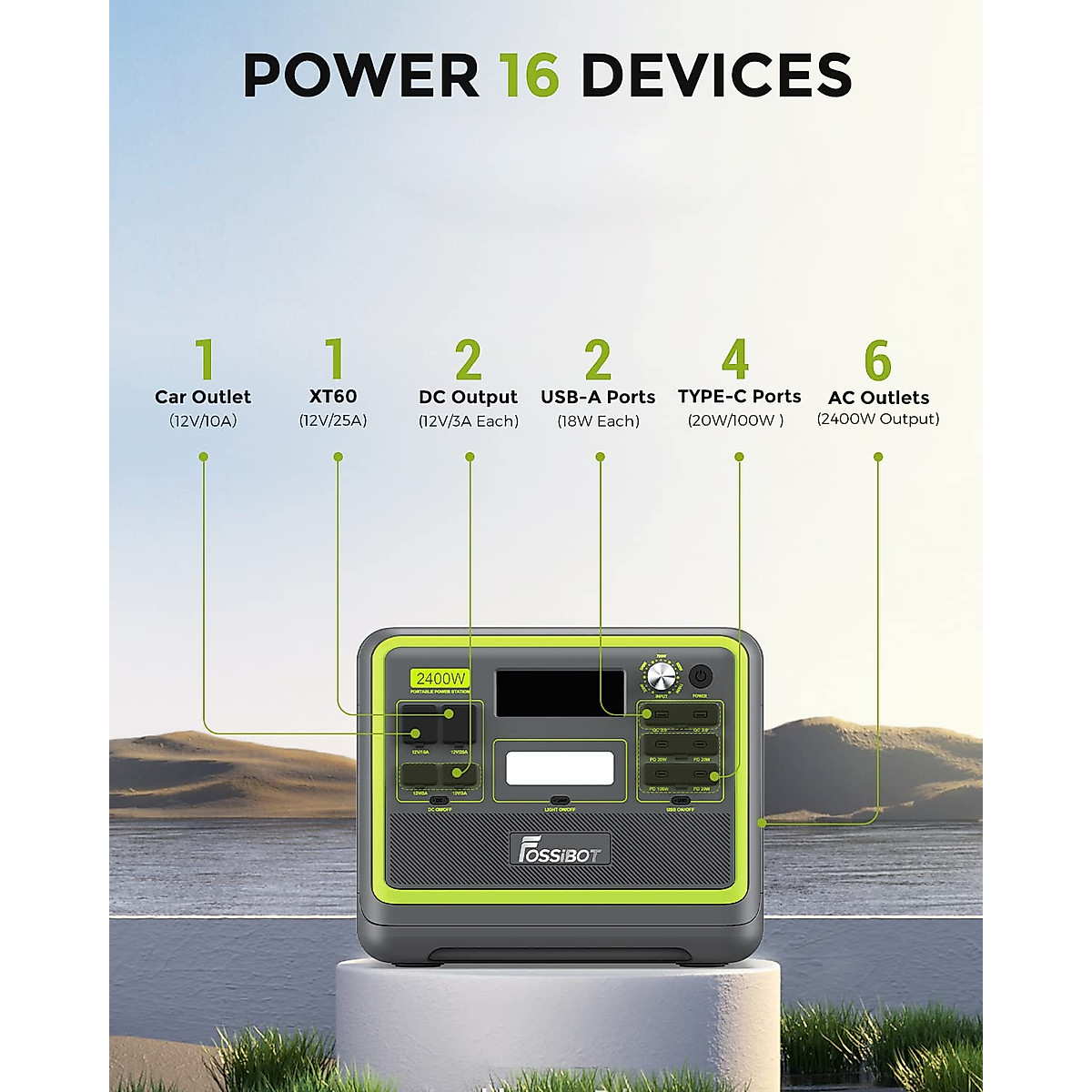 FOSSiBOT F2400 Portable Power Station 2400W, 2048Wh LiFePO4 Battery Backup/6 x 110V AC 2400W Outlets (4800W Peak), 16 Ports, 1.5H Fast Charging, LED Solar Generator for Home Use Camping RV Emergency 1