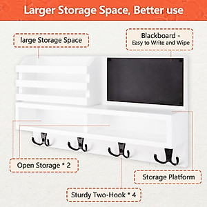 FIPUTE Key Holder for Wall, Wall Mounted Mail Holder Wooden with Shelf & 3 Liquid Chalks & Chalkboard, Mail Sorter Organizer, Rustic Home Decor - Entryway Living Room (15.98”W x 9.1”H x 3.3”D), White