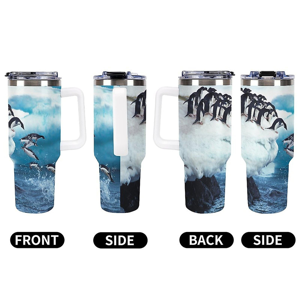 Niapessel Leak Proof Tumbler, Insulated Water Bottles with Straw, Penguin Group Into Ocean Insulated Cup with Handle 40 Oz Stainless Steel Flask for School, Travel, Car, Sports, Work