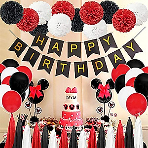 InBy 49pcs Red and Black Birthday Party Decoration Kit for Women Girl Happy Birthday Banner 10" Tissue Paper Flower Pom Pom Tassel Latex Balloon Garland Mickey Mouse Pirate Theme Birthday Party Supply