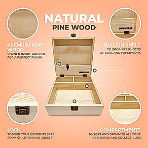 Swag Gear Wooden Keepsake Box with Lock and Storage Compartments Locking Wood boxes for Keepsakes Jewelry Knick Knacks Art Supplies (Natural)