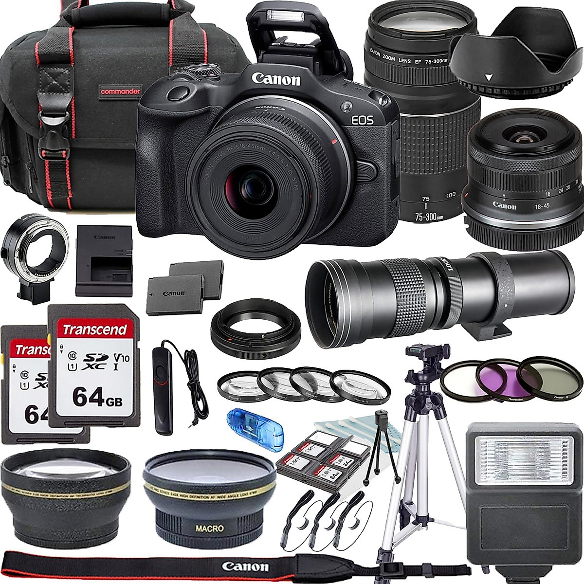 Canon EOS R100 Mirrorless Camera with 18-45mm, 75-300mm and 420-800mm f/8.3 HD Telephoto Zoom + Lens Filters + CASE + Accessory Bundle (Renewed)