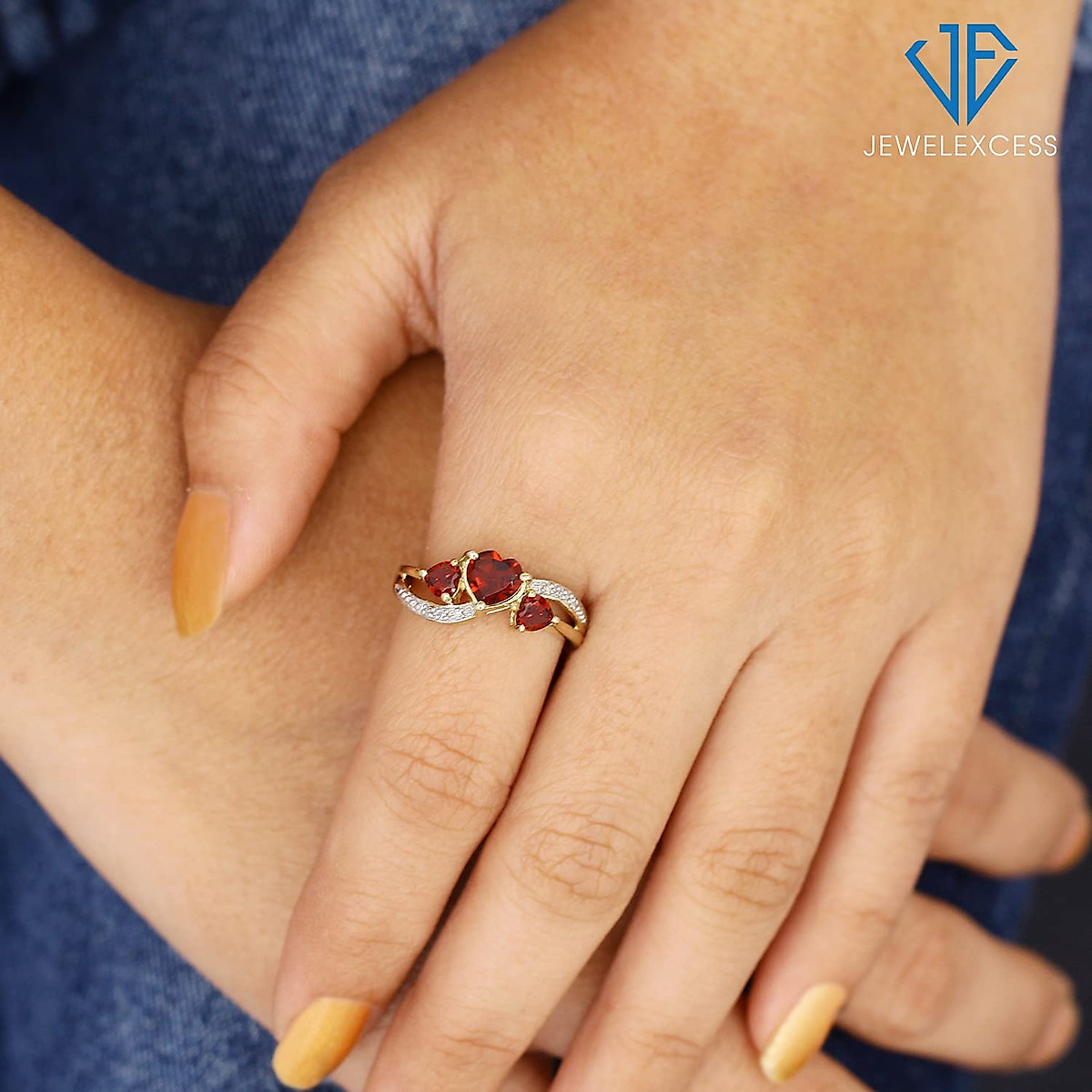 JEWELEXCESS Garnet Ring – Stunning Sterling Silver or 14K Gold over Silver Ring with 1 1/2 Carat T.G.W. Garnets & White Diamond Accents - Elegant Heart Ring Design - Hypoallergenic Silver Diamond Ring
