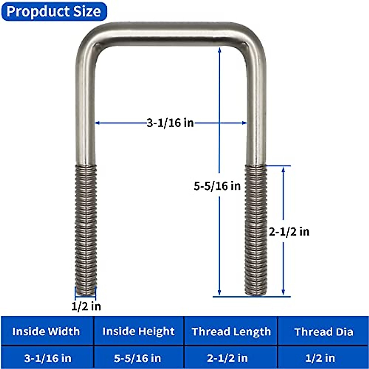 304 Stainless Steel Square U-Bolts Boat Trailer (1/2" D x 3-1/16" W x 5-5/16" L),U Bolt Fit 3" x 3" Square Trailer Frame(4PCS)