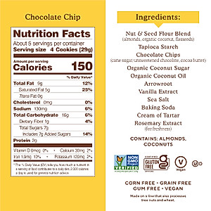 Simple Mills Almond Flour Crunchy Cookies, Chocolate Chip - Gluten Free, Vegan, Healthy Snacks, Made with Organic Coconut Oil, 5.5 Ounce (Pack of 1)