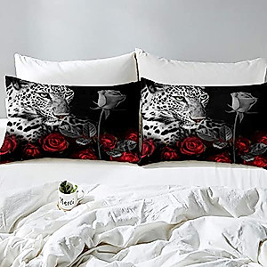 Rose Cheetah Duvet Cover King Size Wedding Valentine's day Bedding Set Black White Leopard Comforter Cover For Adults Men Women wild animal Quilt Cover 2 Pillow Cases Couple Bedroom Decor Red