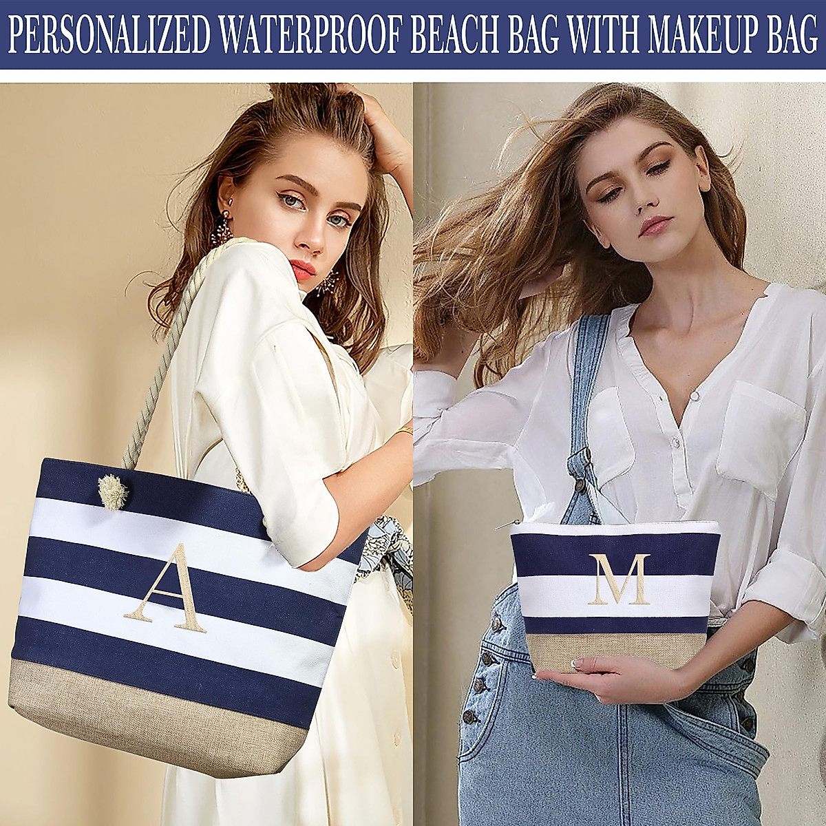 YOOLIFE Monogram Beach Tote Gifts for Women - Mom Canvas Beach Tote Bag Cosmetic Bag Travel Essentials Personalized Birthday Gifts Idea for Her Mom Wife Girlfriend Friend Teacher Bridesmaid Idea M