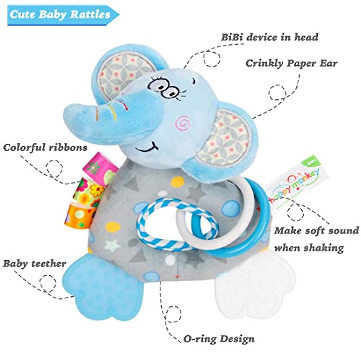 Baby Plush Rattles Toys 0-3-6-12 Months, Soft Hand Grip Toys with Teether, Elephant & Monkey Wrist Rattles for Infant Boy or Girl