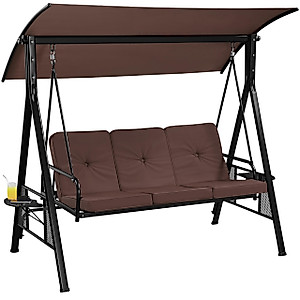 Yaheetech 3-Seat Outdoor Patio Swing Chair, Deluxe Outdoor Patio Porch Swing with Weather Resistant Steel Frame, Adjustable Tilt Canopy for Patio Garden Poolside Balcony Backyard, Dark Brown