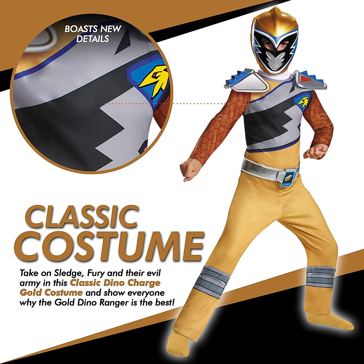 Gold Power Rangers Costume for Kids. Official Licensed Gold Ranger Dino Charge Classic Power Ranger Suit with Mask for Boys & Girls, Medium 7-8