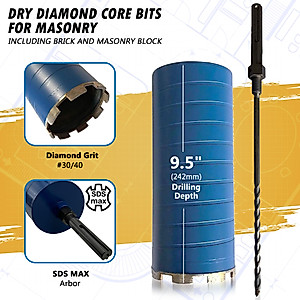 5" Dry Diamond Core Drill Bits for Brick and Block, 9.5" Drilling Depth, 10mm Segment Height, SDS Max Pilot Bit Adapter