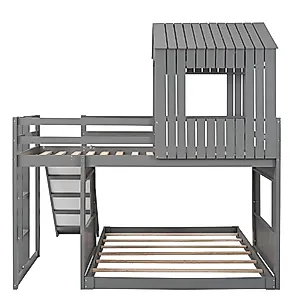 Harper & Bright Designs Twin Over Full Bunk Beds with House Shape, House Bunk Bed with Roof, Window & Slide, Twin Over Full Farmhouse Bed Frame for Kids Girls Boys Teens (Grey)