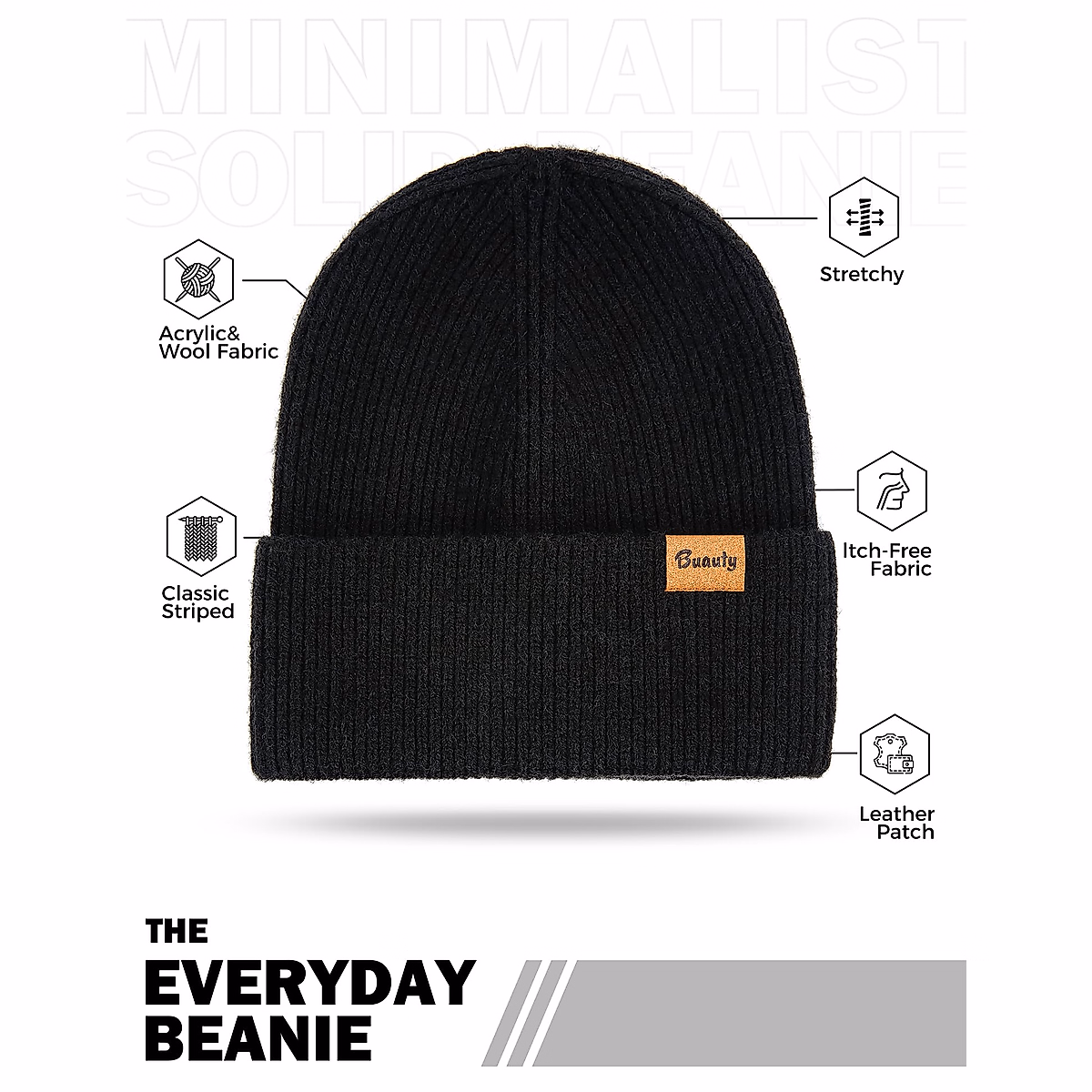 Black Beanie Hats for Men Guys, Warm Winter Hat Snow Skull Caps, Daily Thermal Stocking Caps, Fall Spring Knit Cookies Beanie, Striped Cuffed Beanie for Toboggan Ski Skate Hiking Golf