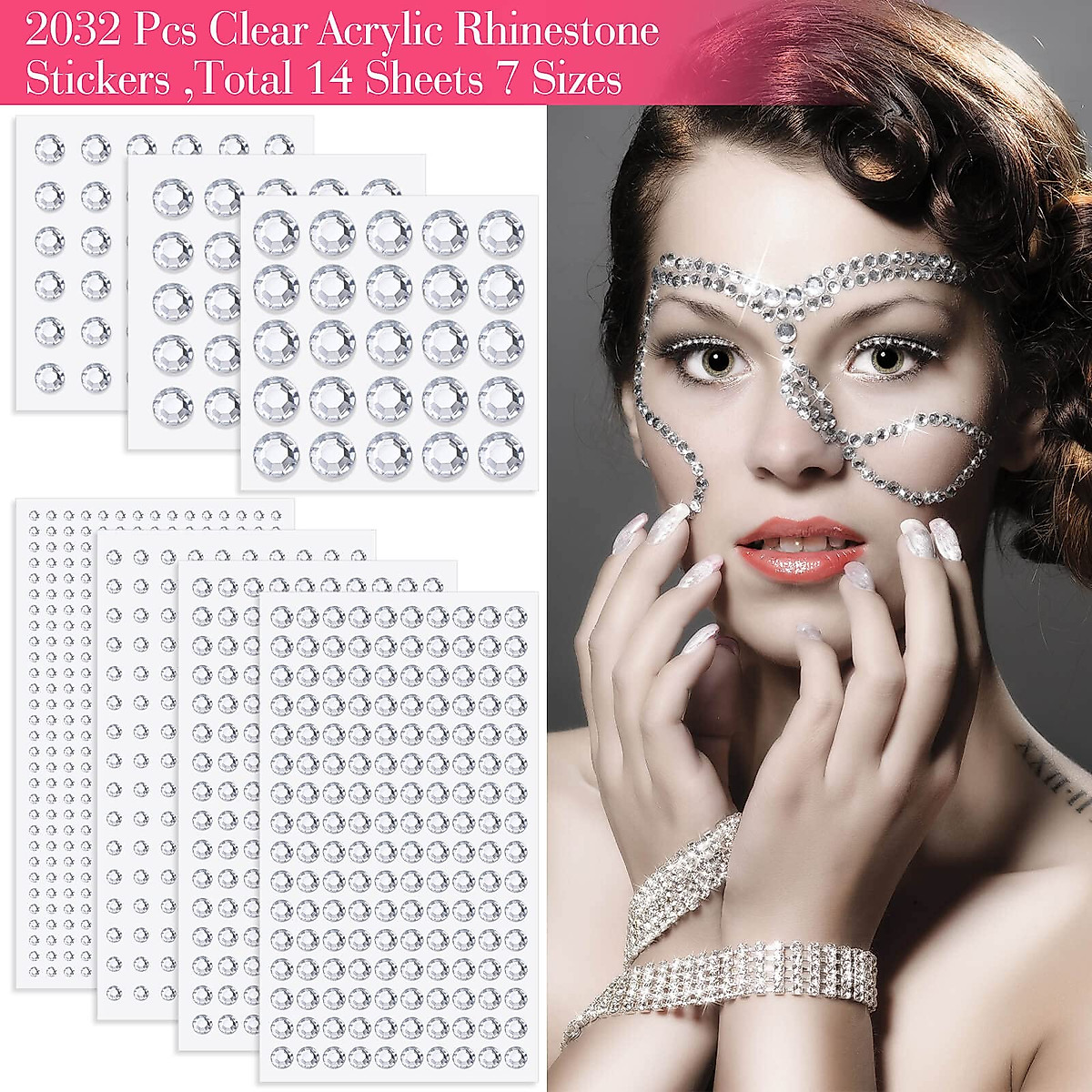 2032 Pieces Self Adhesive Face Gems Stick on, Cridoz Hair Gems Rhinestones Stickers Bling Jewels for Makeup, Crafts, Home Decor Scrapbooking Embellishments, 7 Sizes 3mm/4mm/5mm/6mm/8mm/10mm/12mm