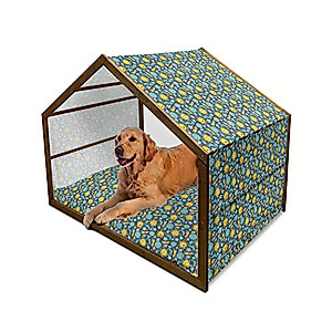 Ambesonne Stars Wooden Dog House, Sun and Moon Pattern in Cartoon Style Heavenly Bodies with Funny Faces, Indoor & Outdoor Portable Dog Kennel with Pillow and Cover, X-Large, Multicolor