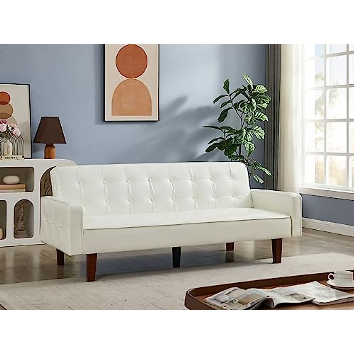 Lunanniu Vegan Leather Sofa Bed Sleeper Couch 74.4 Inch Convertible Loveseat Size for Small Space 3 Seater Chesterfield Button Tufted for Office Apartment Dorm Living Room White