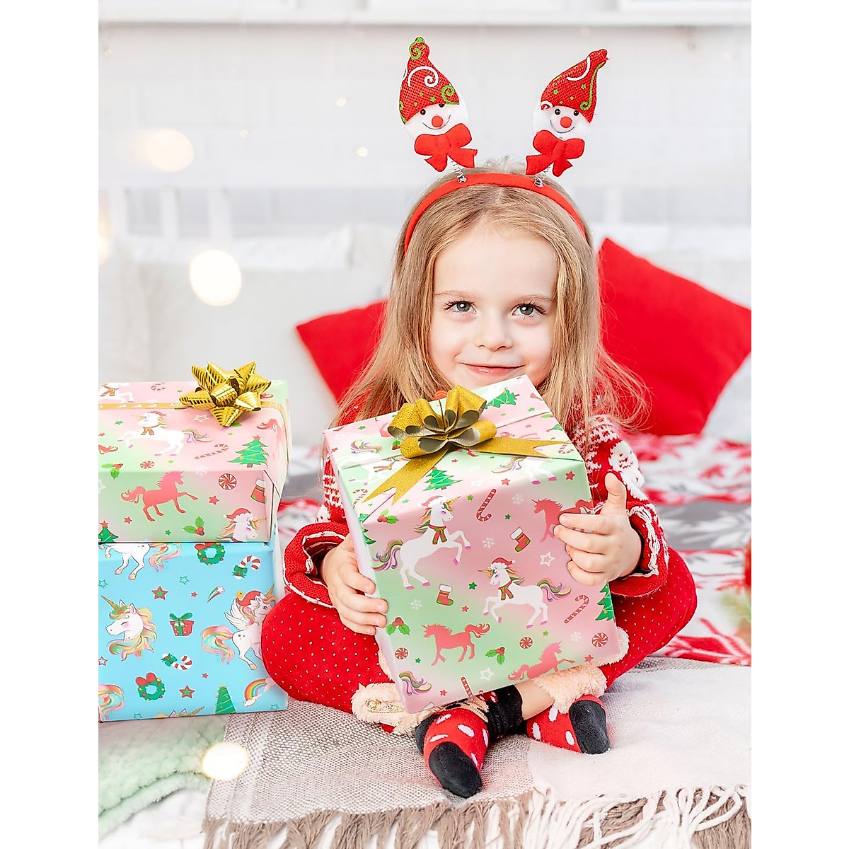 WERNNSAI Christmas Wrapping Paper - 3 Rolls 17” x 120” Christmas Unicorn Wrapping Paper Rolls Christmas Gift Wrap Paper Girls Birthday Wrapping Paper Holiday Wrapping Paper Unicorn Gift Wrap Paper