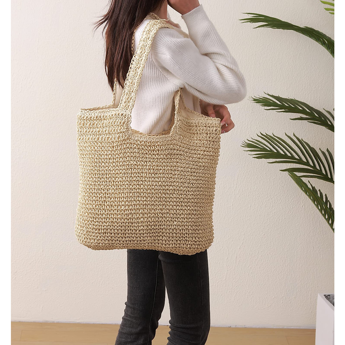 GOLDTIMO Beach Bags for Women - Summer Soft Large Woven Shoulder Purse Handbag, Beach Tote Straw Bag for Summer Vacation, Beige