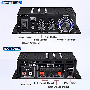 Facmogu AK280 200W+200W Mini 2.0 CH Audio Power Amplifier, 2.0 CH Receiver Speaker Amp with 12V 5A Power Supply, Bass & Treble Control Music Player Sound Amplifier for Car Home Garage