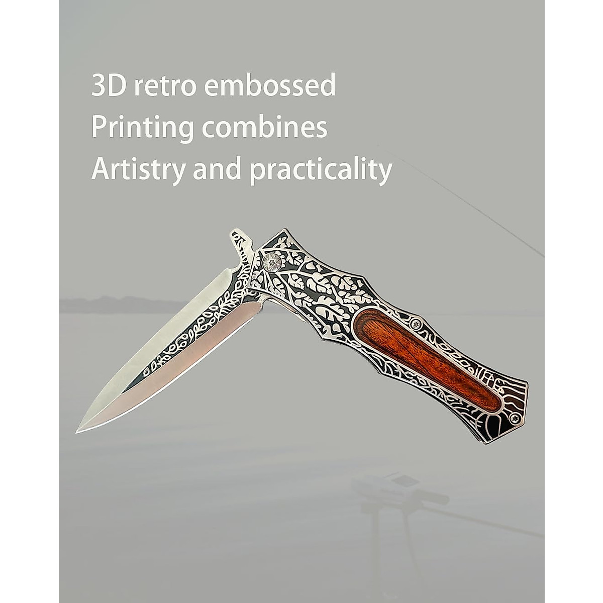 SELUCREH Folding Knife Stainless Steel Blade with 3D Retro Embossed Pattern, Pocket Clip for Men,Sharp Camping Survival Hiking Knives (Sword Type)