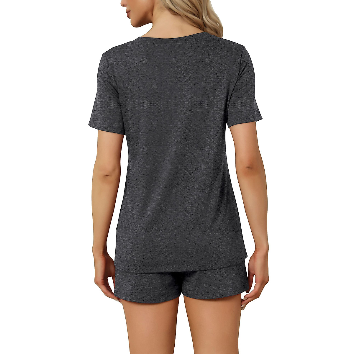 RUBZOOF Pajamas for Women Shorts Set Casual V Neck Short Sleeve Summer 2 Piece Lounge Sets Dark Grey M