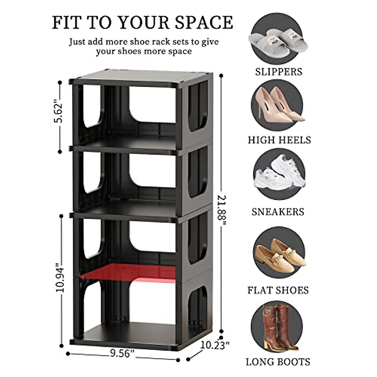 Shoe Organizer Shoe Rack for Small Spaces 5 Tier Plastic Vertical Narrow Shoe Shelves for Closet Black Shoe Holder, Stand For Entryway Shoe Storage Boots Organizer Stackable Shoe Cabinet