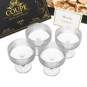 Ribbed Coupe Glasses Set of 4, Hand Blown 10 oz Vintage Cocktail Glasses, Vintage Art Deco Martini Glasses Set with Present Box for Espresso Martini, Champagne, Cosmopolitan, Manhattan, Cocktail Party