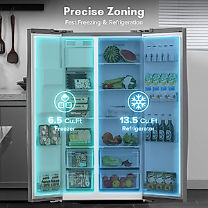 LHRIVER 20 Cu.Ft Side by Side Refrigerator with Ice Maker, Frost-free French Door Kitchen Refrigerator,Full Size Freestanding Fridge & Freezer for Home/Kitchen/Office (Stainless Steel)