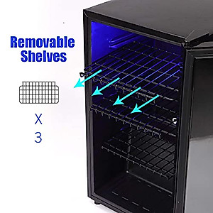 WANAI Beverage Refrigerator Cooler Mini Fridge Glass Door 100Can Beer Fridge Beverage Cooler Drinks Wines Juice Soda Cooler Adjustable Shelves Blue LED Lights Temp Control for Home Dorm 3.2 Cu. Ft