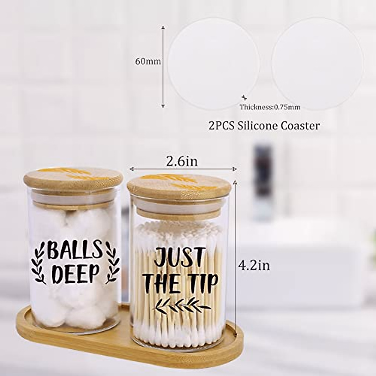 2 Pack Glass Qtip Holder Bathroom Set with Vanity Tray,Apothecary Jars with Bamboo Lids,Bathroom Cotton Ball and Qtip Organizer Storage Container Glass Jar Set