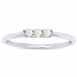 AFFY Three Stone Ring, 1.5MM Round Cut Created Opal Dainty Stackable Engagement Ring In 14k White Gold Plated 925 Sterling Silver Jewelry For Her Ring Size -7